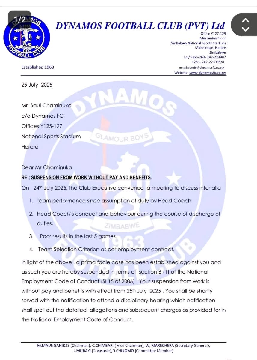 Chaminuka suspended without pay as Dynamos struggles continue - ZBC NEWS